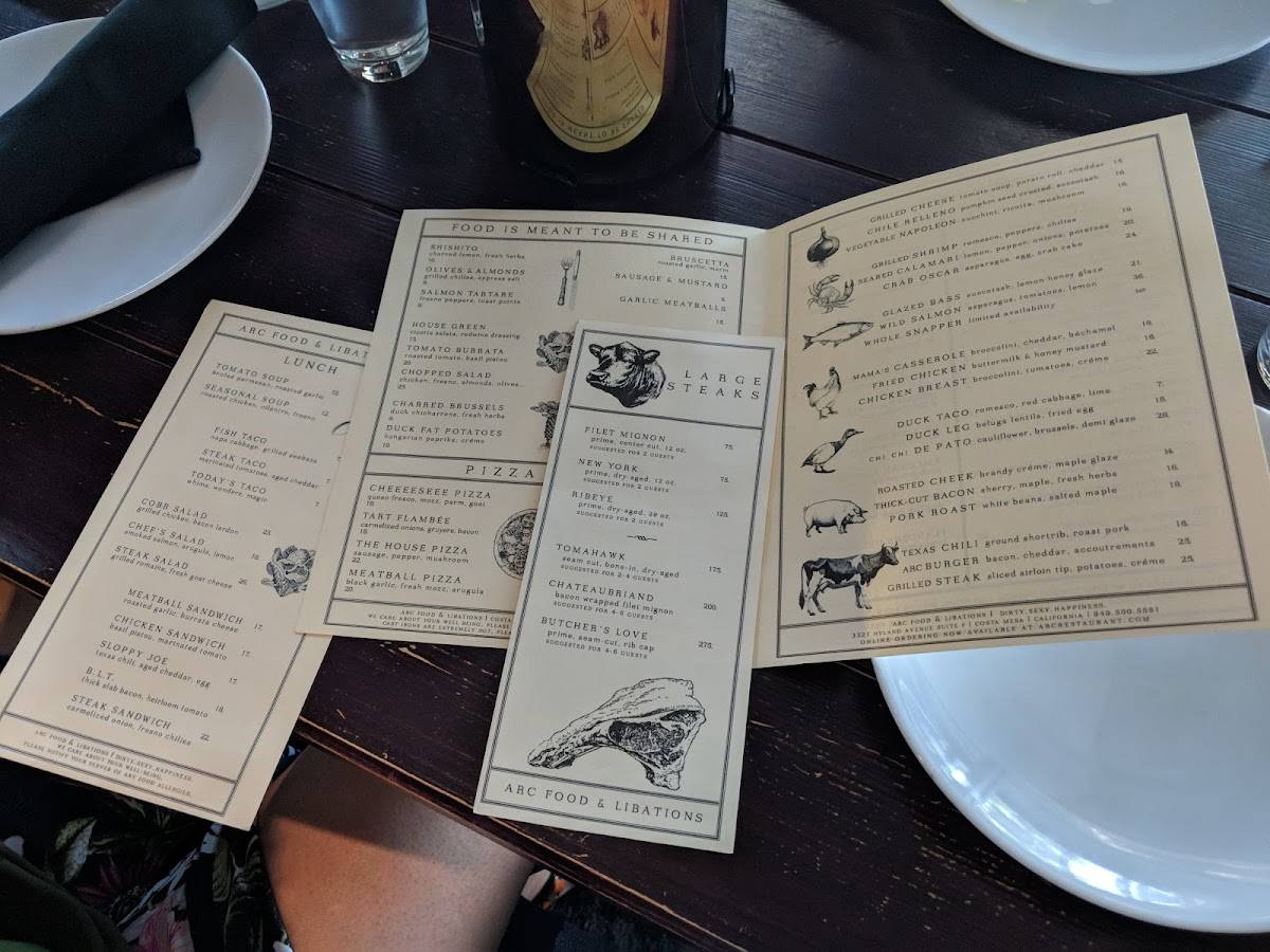 Menu at Arc Food & Libations pub & bar, Costa Mesa