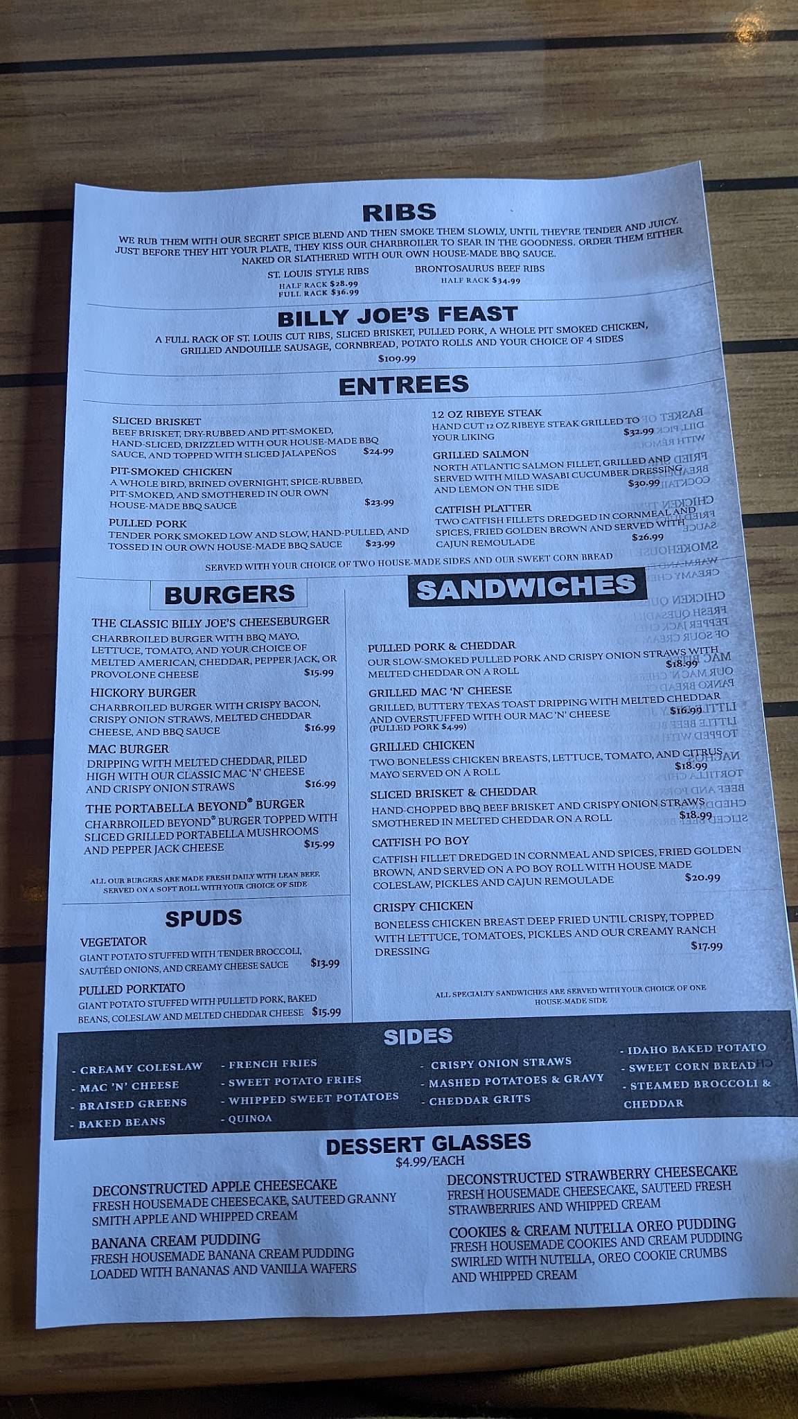 Menu at Billy Joe's Ribworks pub & bar, Newburgh