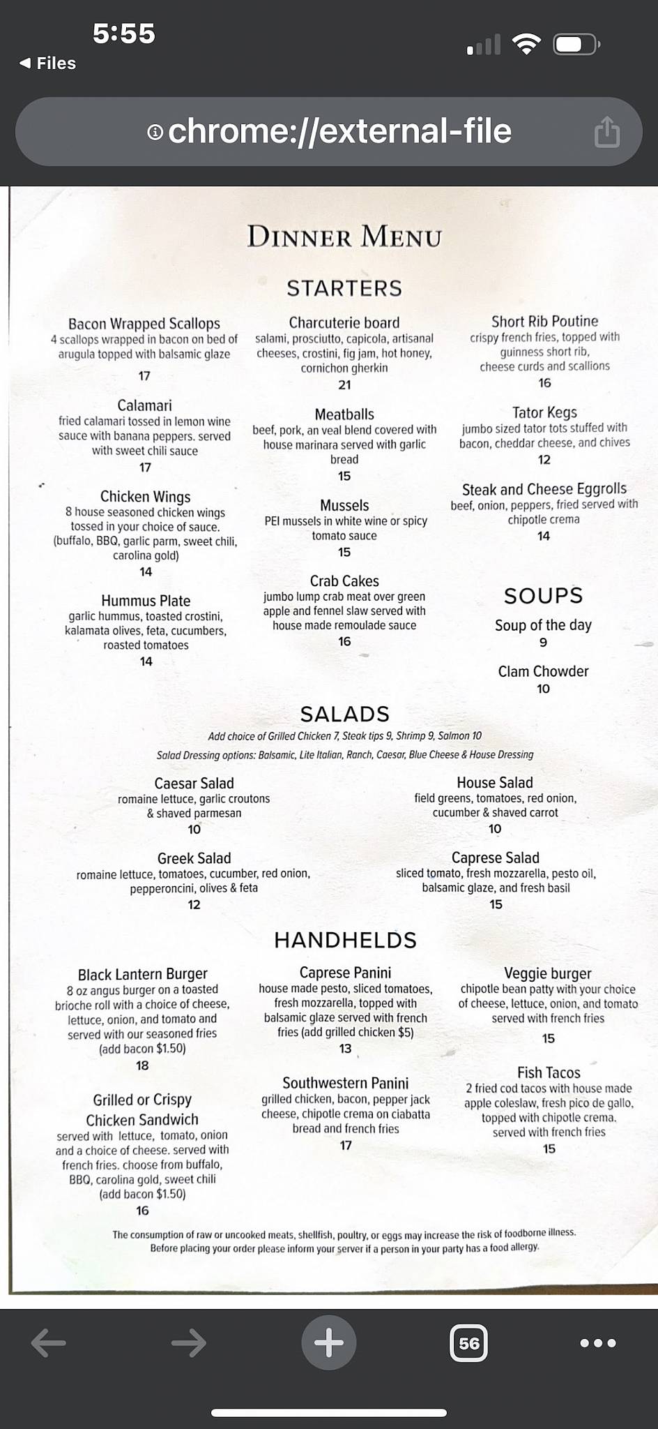 Menu at Black Lantern Tavern restaurant, Plymouth