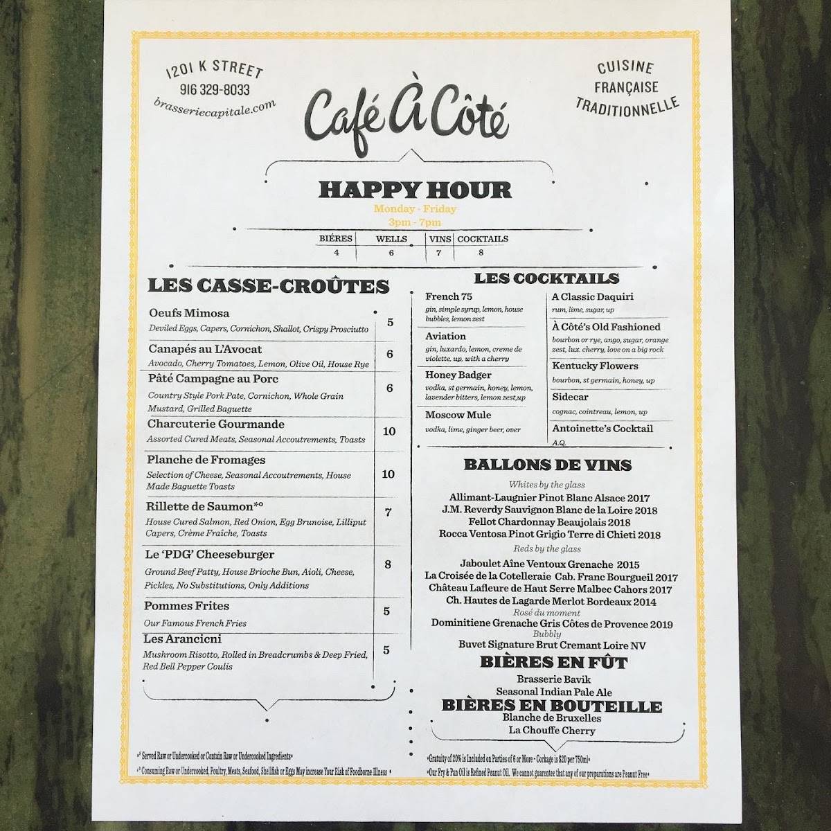 Menu at Café Á Côté pub & bar, Sacramento