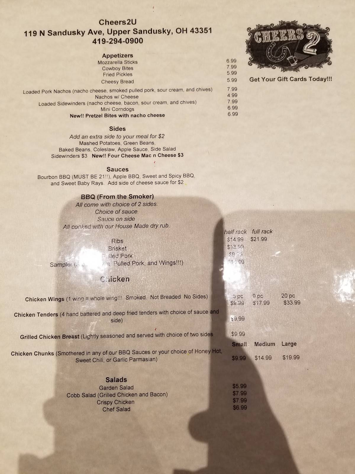 Menu at Cheers 2 U pub & bar, Upper Sandusky