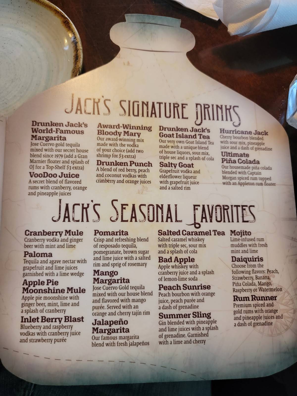Menu at Drunken Jack's Restaurant & Lounge, Murrells Inlet