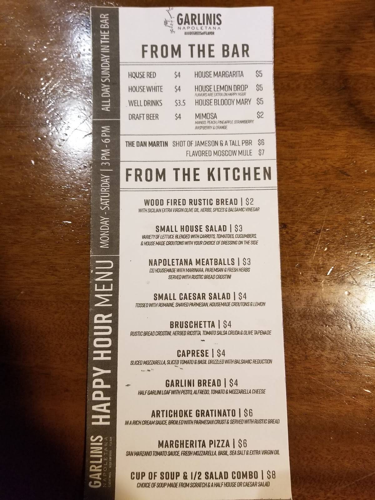 Menu at Garlini's Napoletana pub & bar, Wenatchee