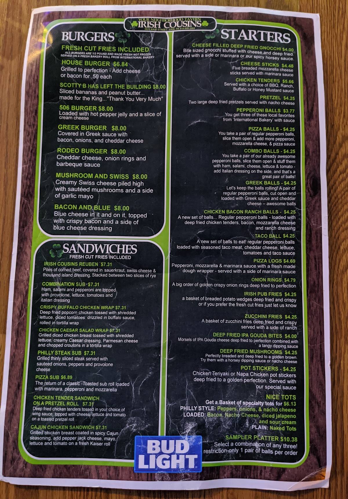 Menu at Irish Cousins pub & bar, Erie