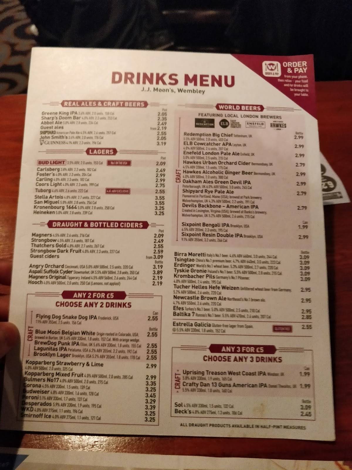 Menu at J.J. Moon's - JD Wetherspoon pub & bar, Wembley, 397 High Rd