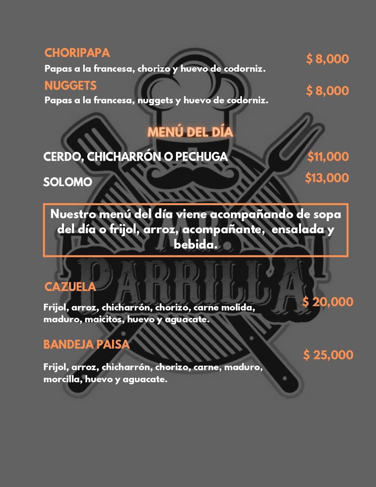 Menu at MR. PARRILLA, Bello