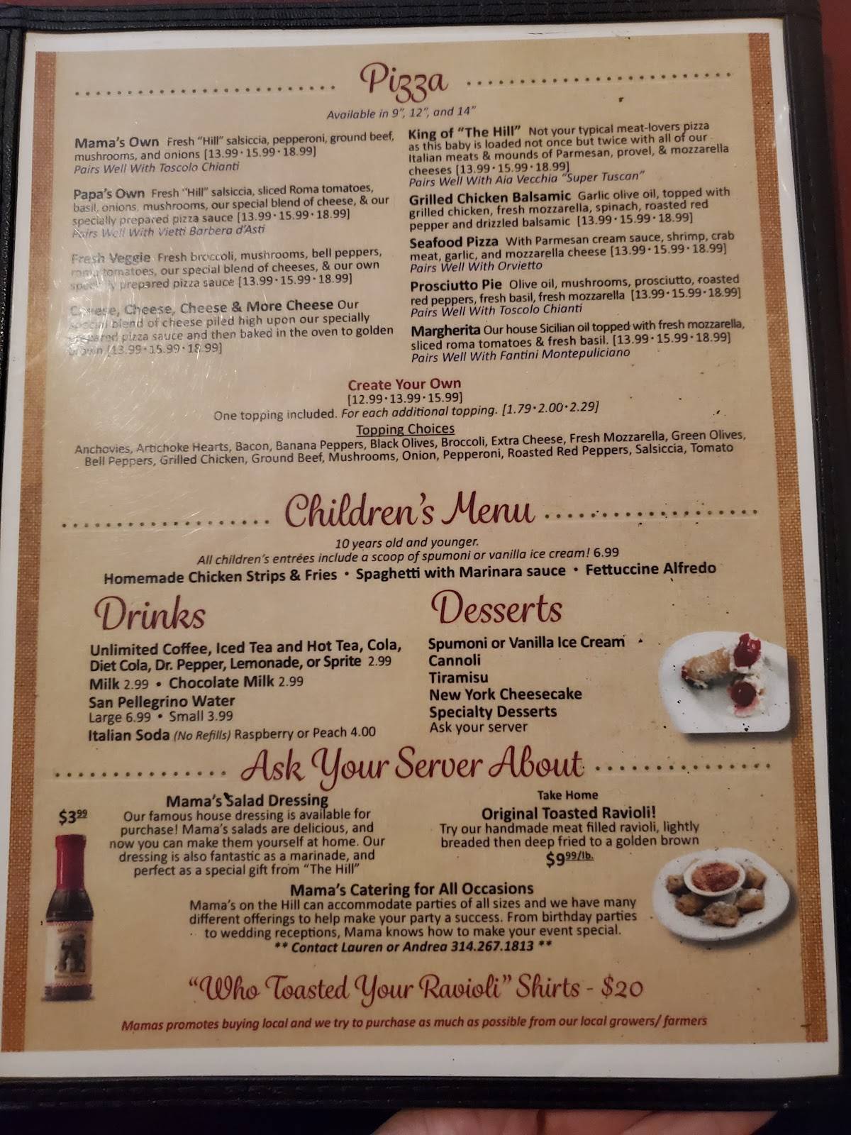 Menu at Mama’s On The Hill pub & bar, St. Louis
