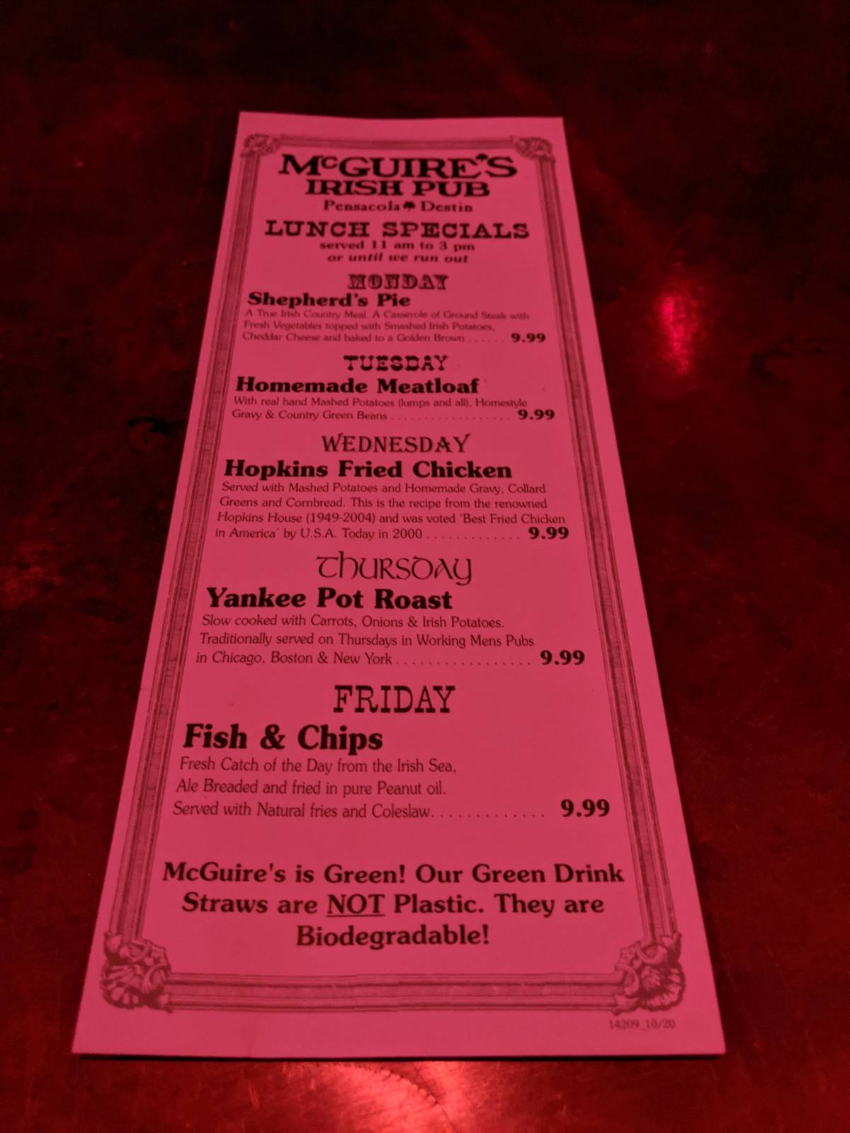 Menu at McGuire's Irish Pub, Pensacola