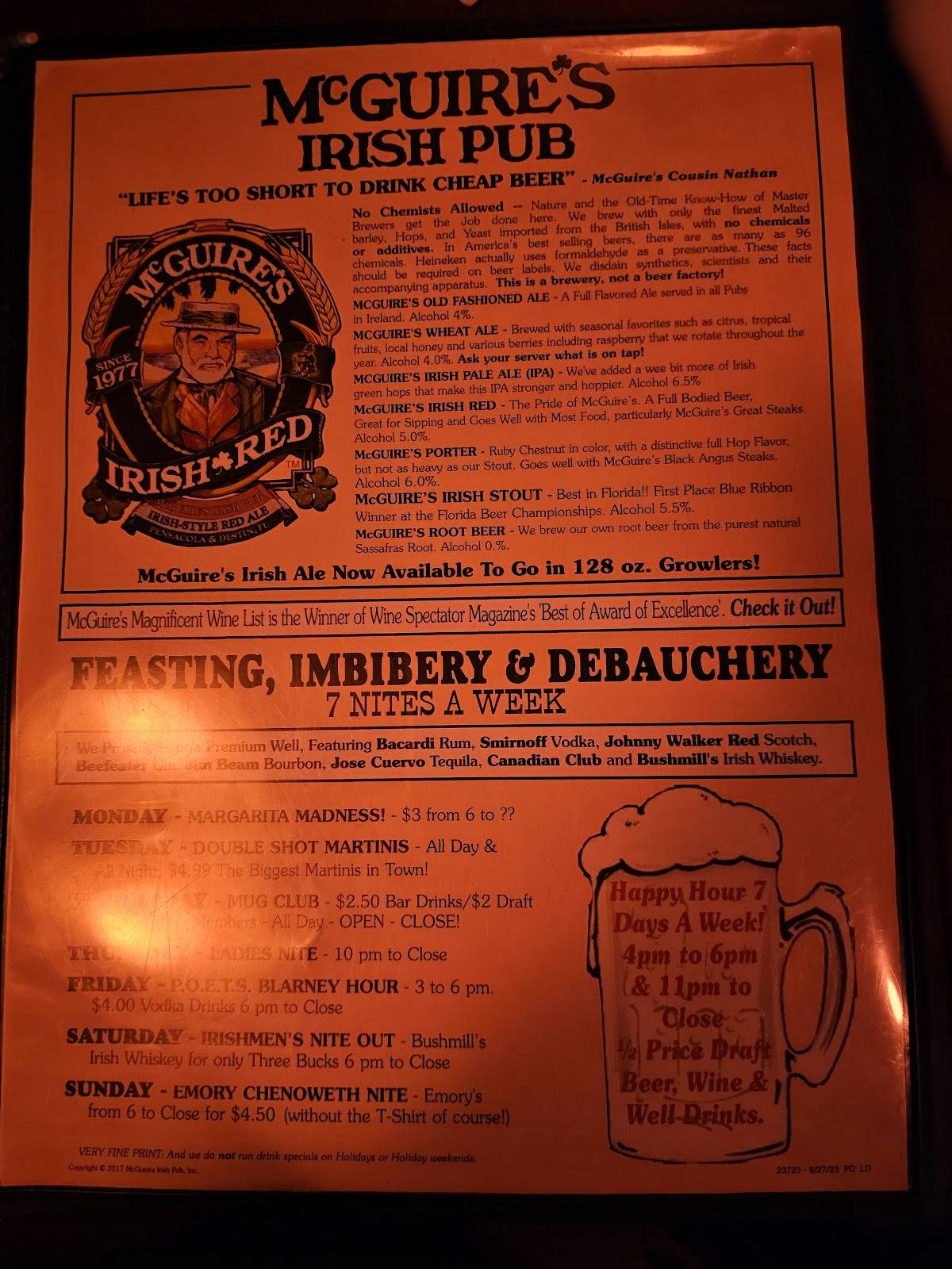 Menu at McGuire's Irish Pub, Pensacola