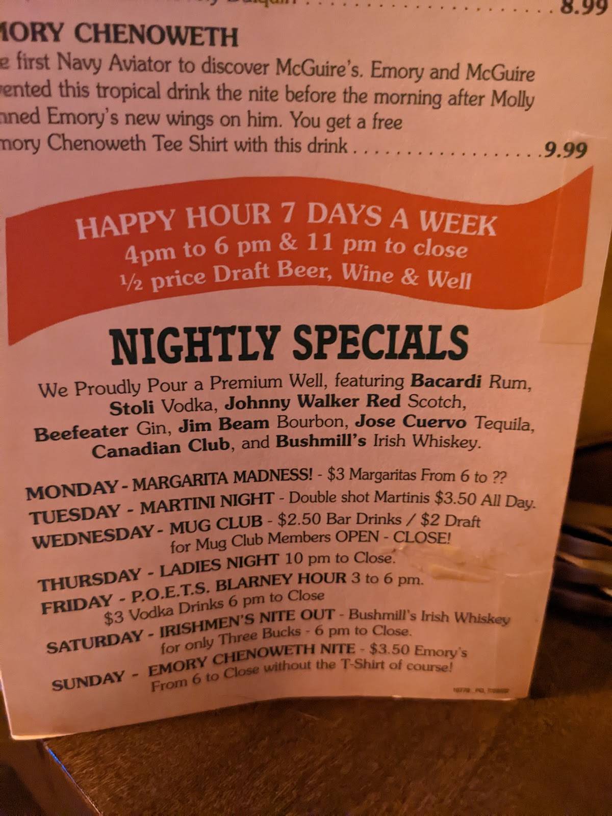 Menu at McGuire's Irish Pub, Pensacola