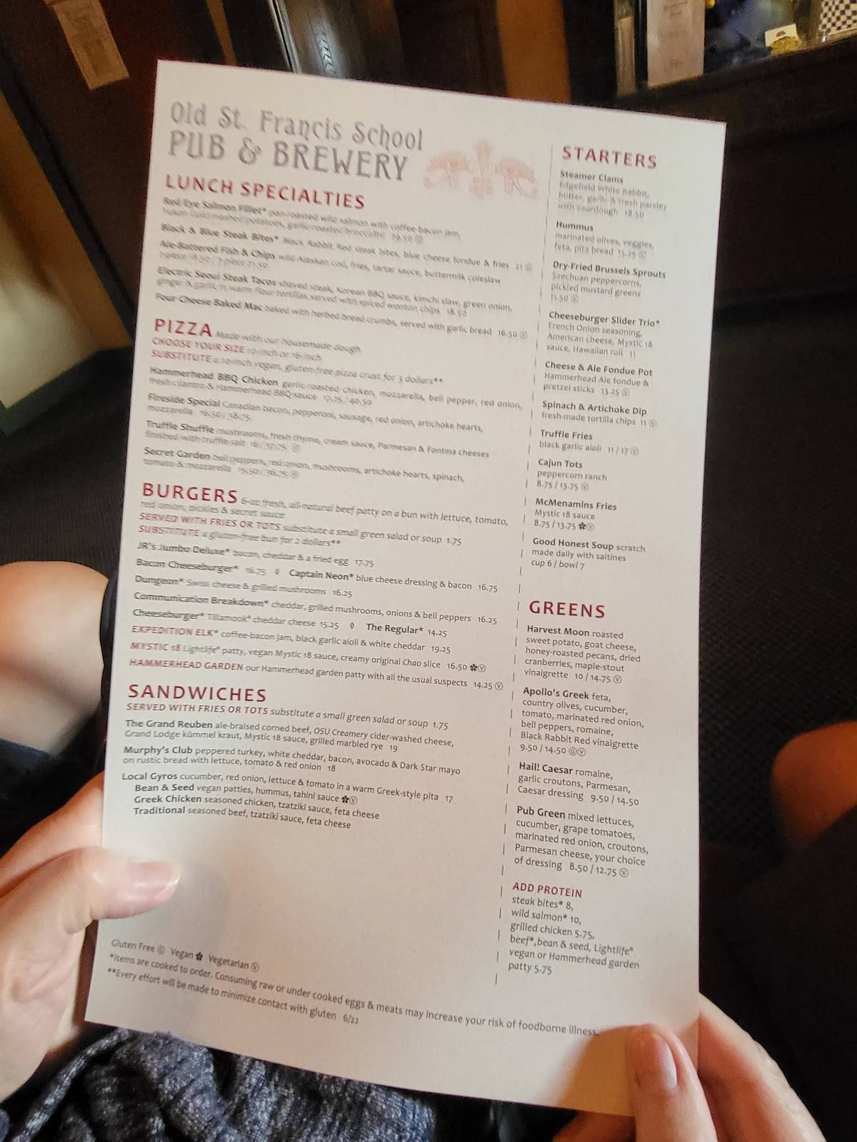 Menu at McMenamins Pub at Old St. Francis School, Bend