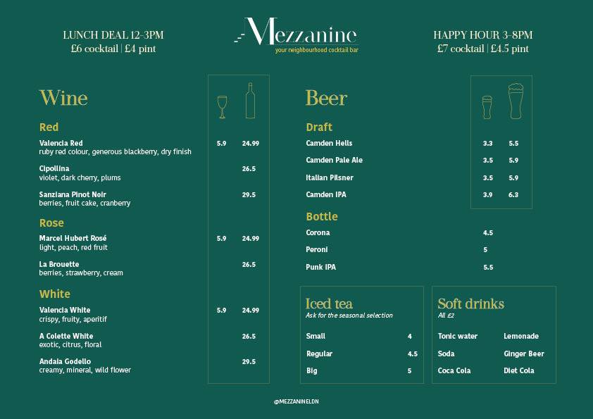 Menu at Mezzanine pub & bar, London, Unit 4