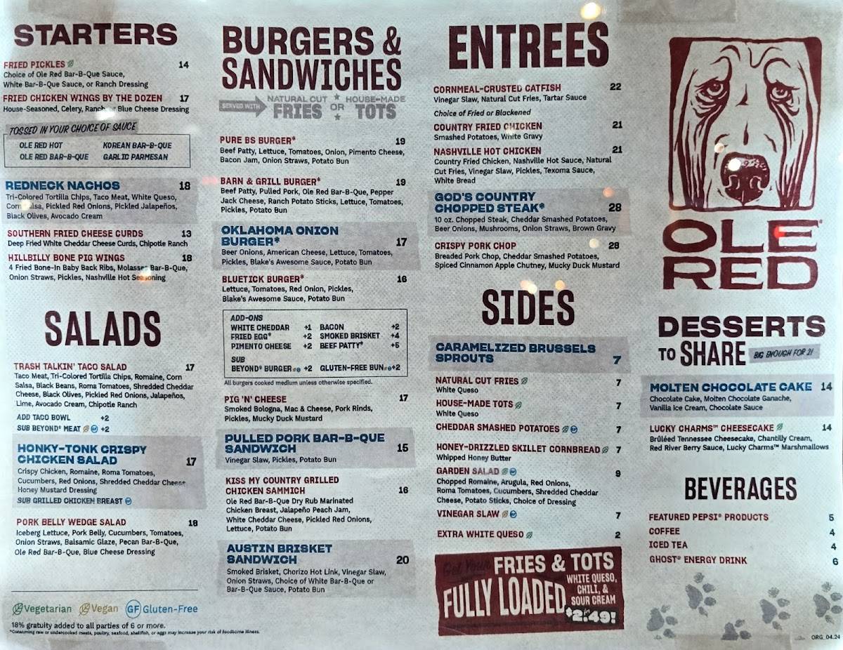 Menu at Ole Red pub & bar, Gatlinburg