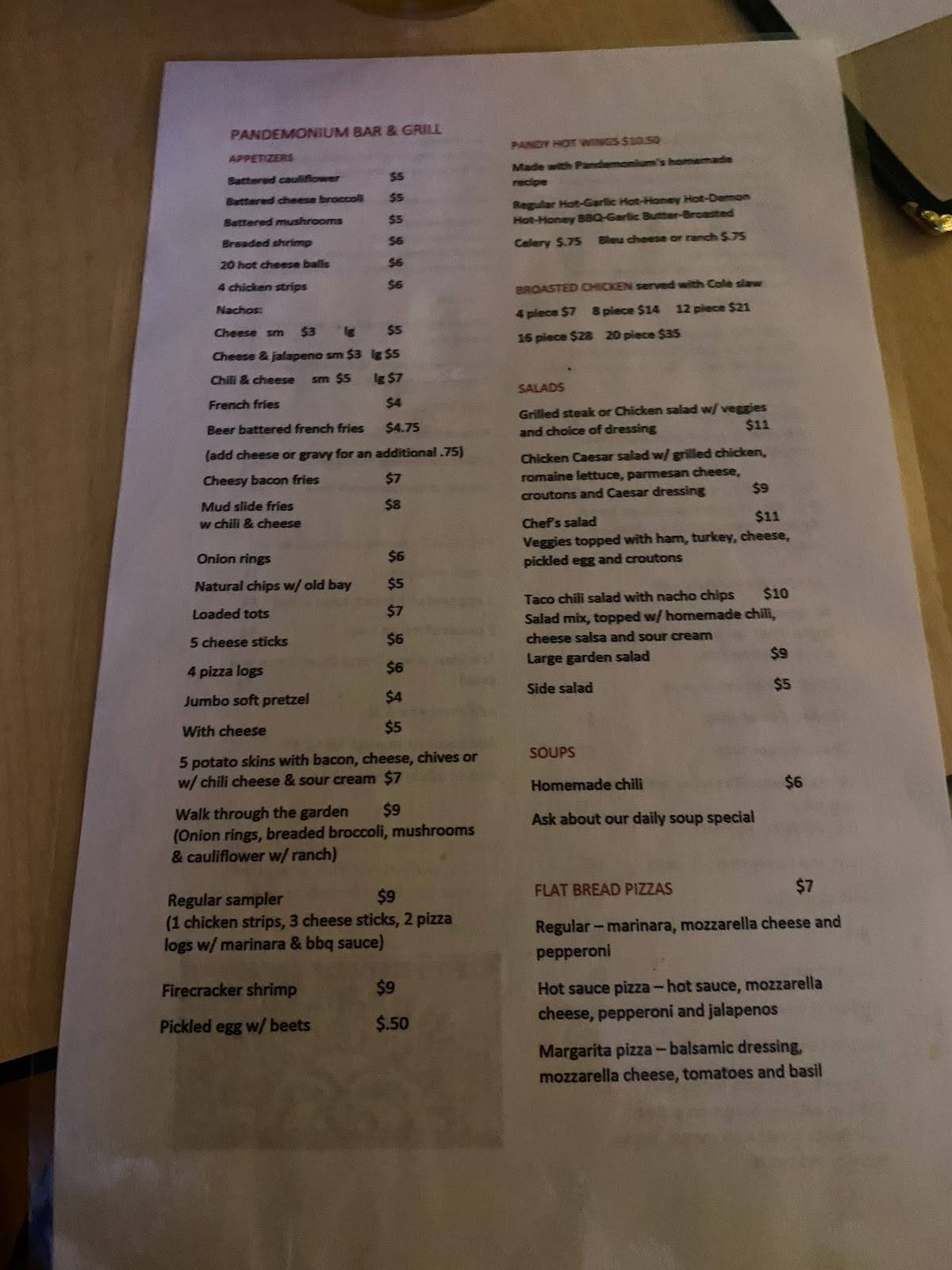 Menu at Pandemonium Bar & Grill, Shermans Dale