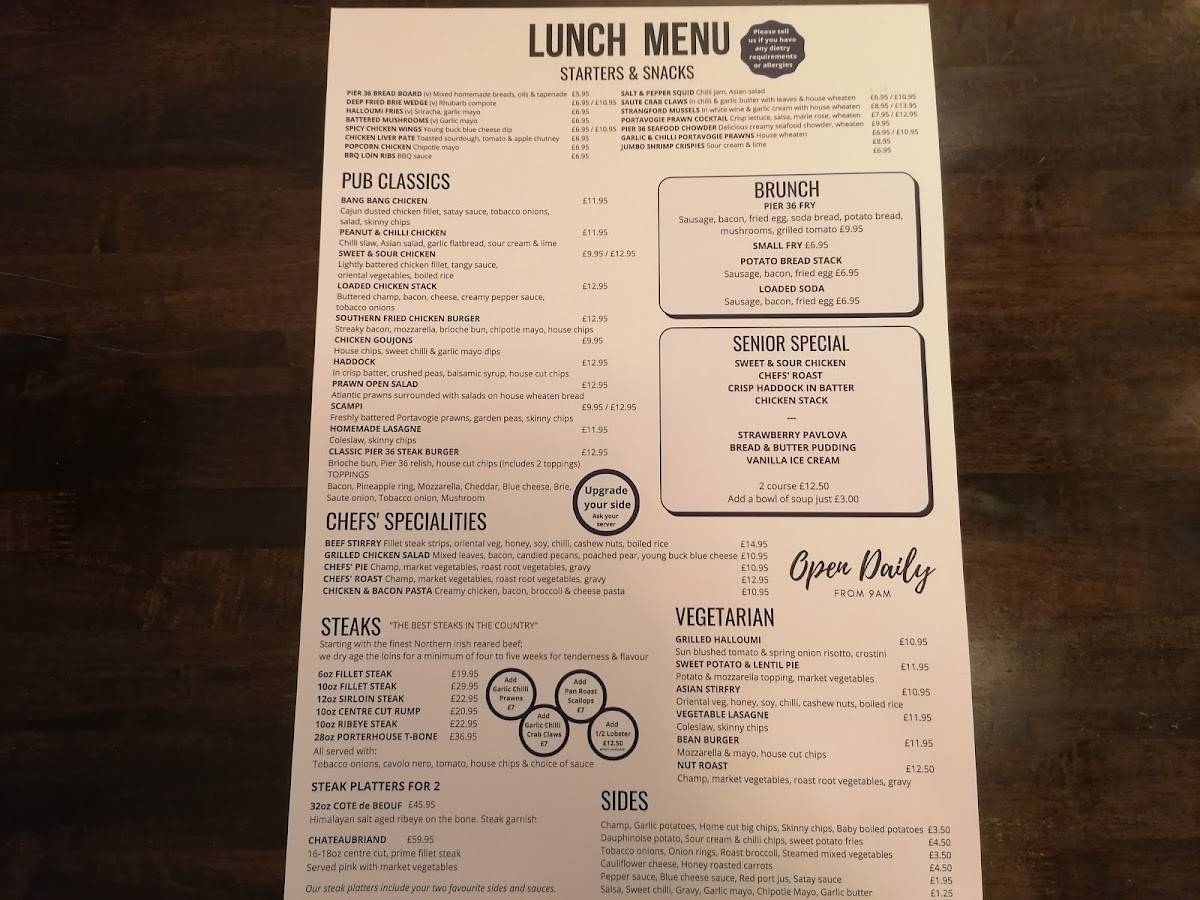 Menu at Pier 36 pub & bar, Donaghadee