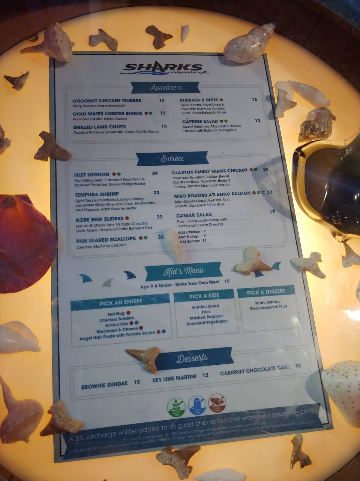 Menu at Sharks Underwater Grill pub & bar, Orlando