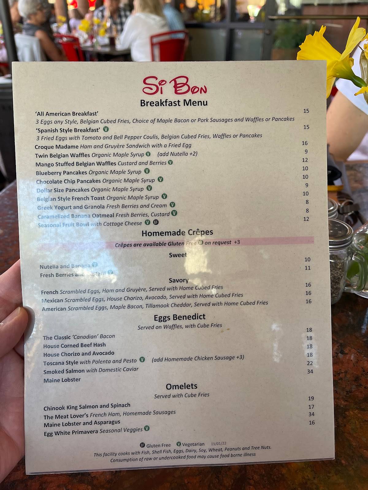 Menu at Si Bon pub & bar, Rancho Mirage