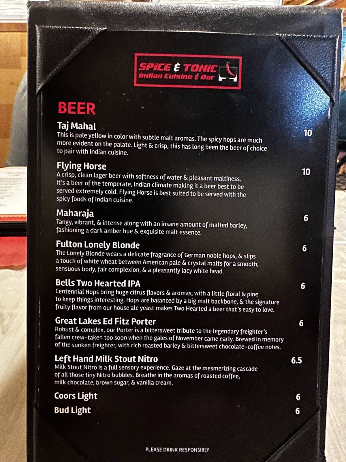 Menu at Spice & Tonic - Indian Cuisine & Bar, Minneapolis