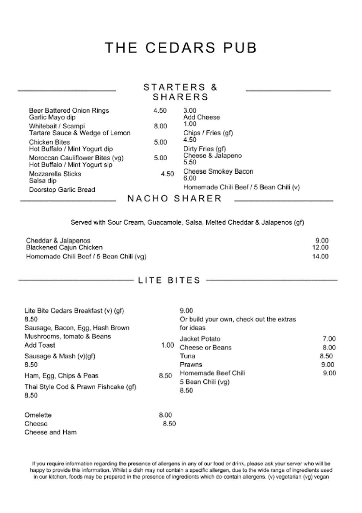 Menu at The Cedars Pub, Ryde