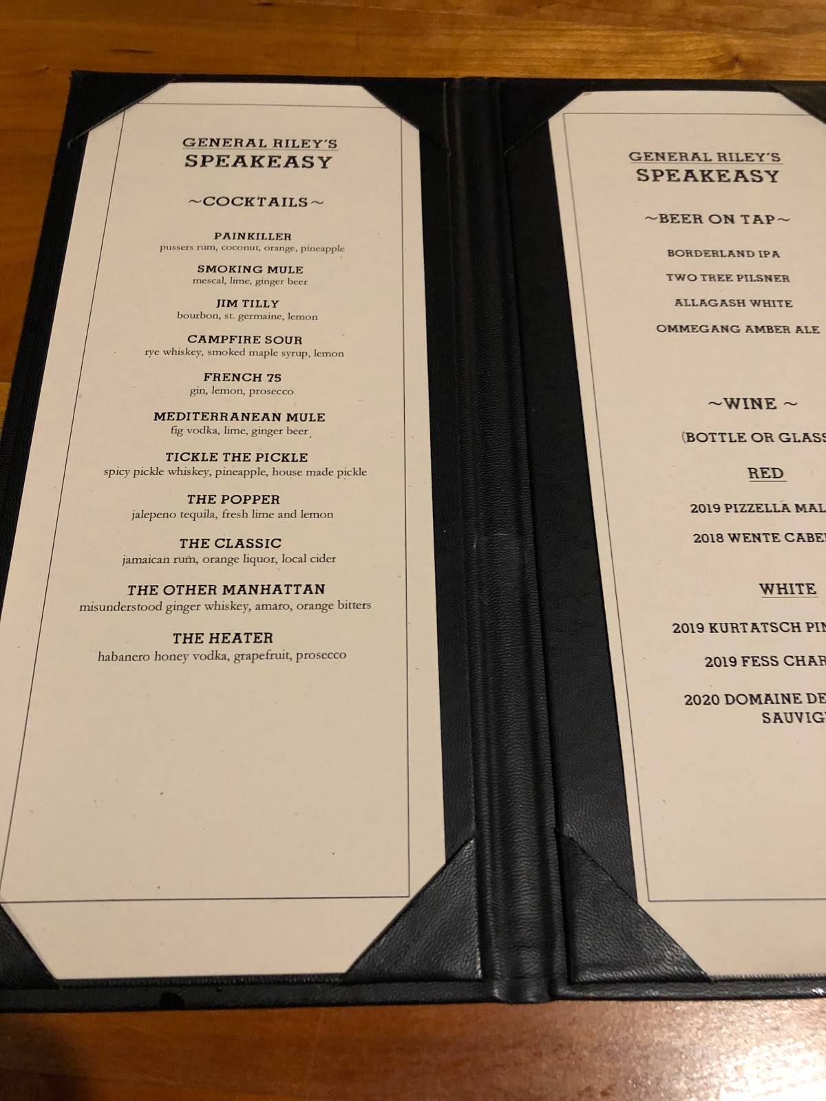 Menu at The General Riley House Speakeasy pub & bar, East Aurora