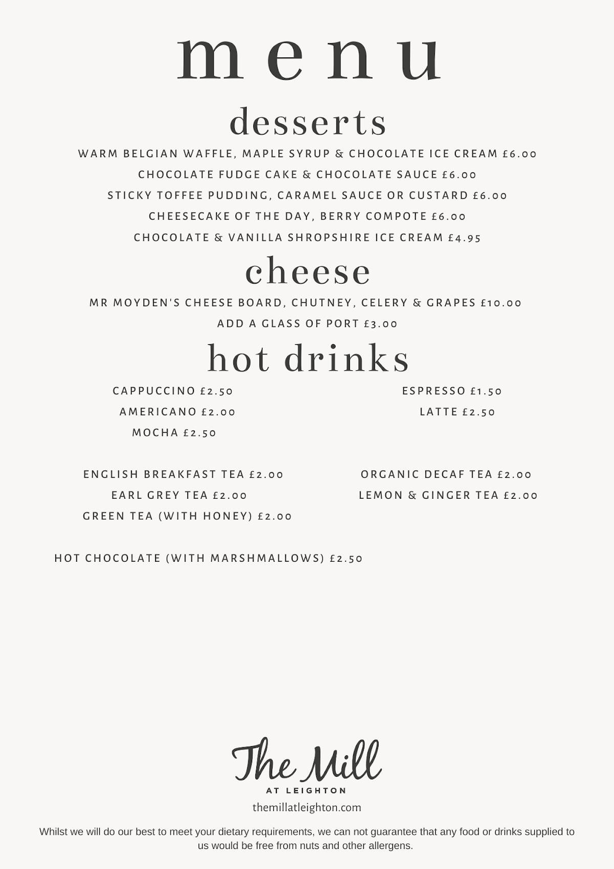 Menu at The Mill at Leighton pub & bar, England