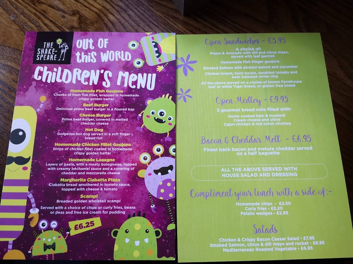 Menu at The Shakespeare Inn (B&B, Accommodation And Eatery) pub & bar ...