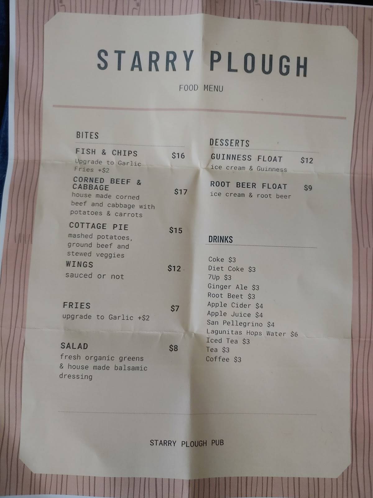 Menu at The Starry Plough Pub, Berkeley