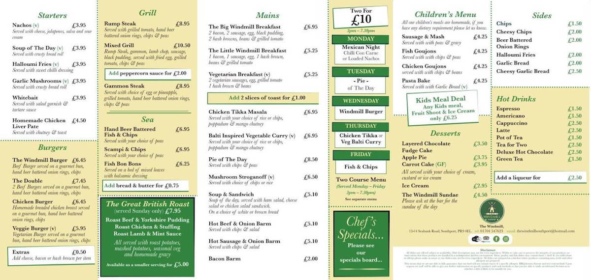 Menu at The Windmill pub & bar, Southport