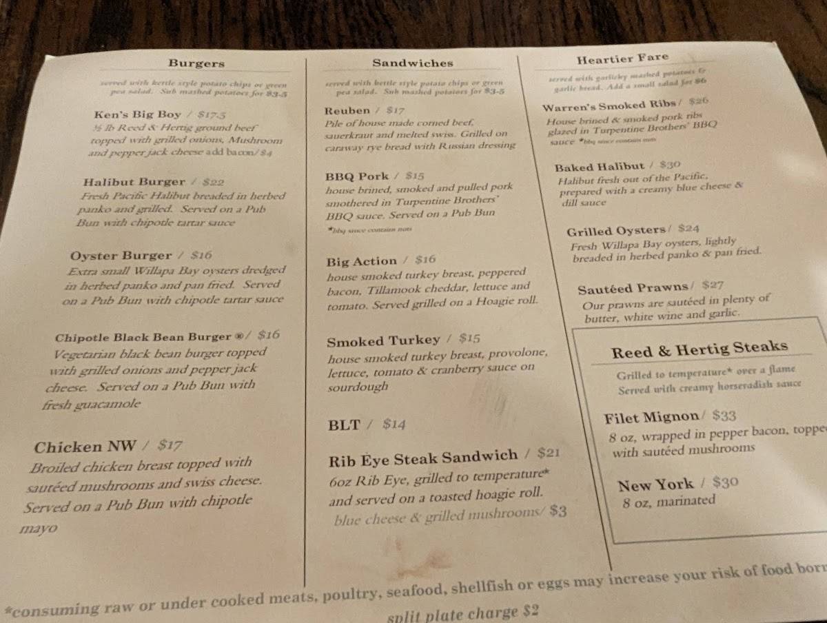 Menu at Warren House Pub, Cannon Beach