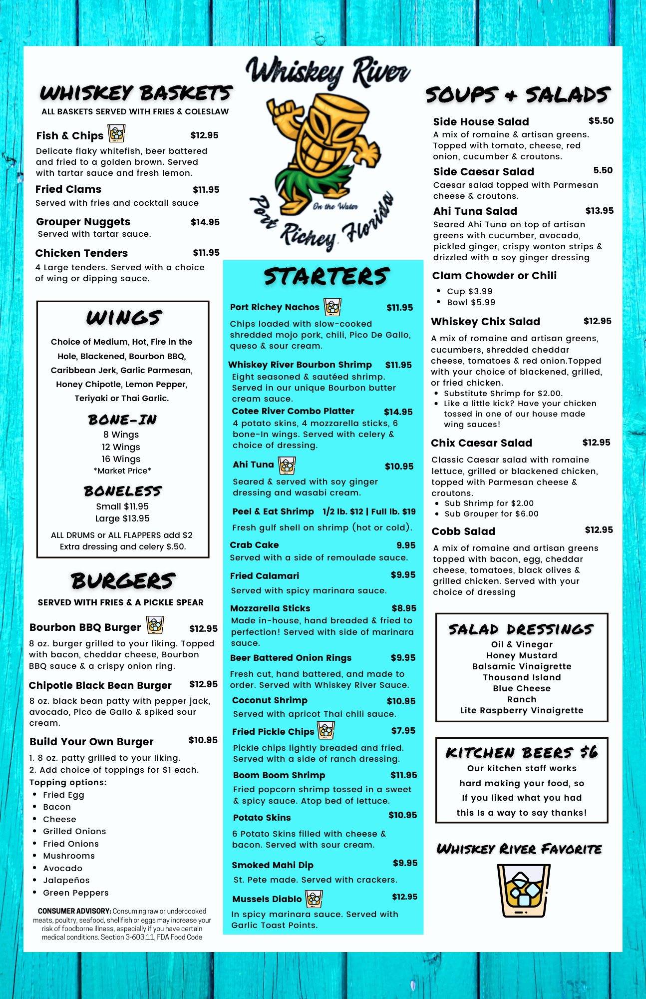 Menu at Whiskey River On The Water pub & bar, Port Richey