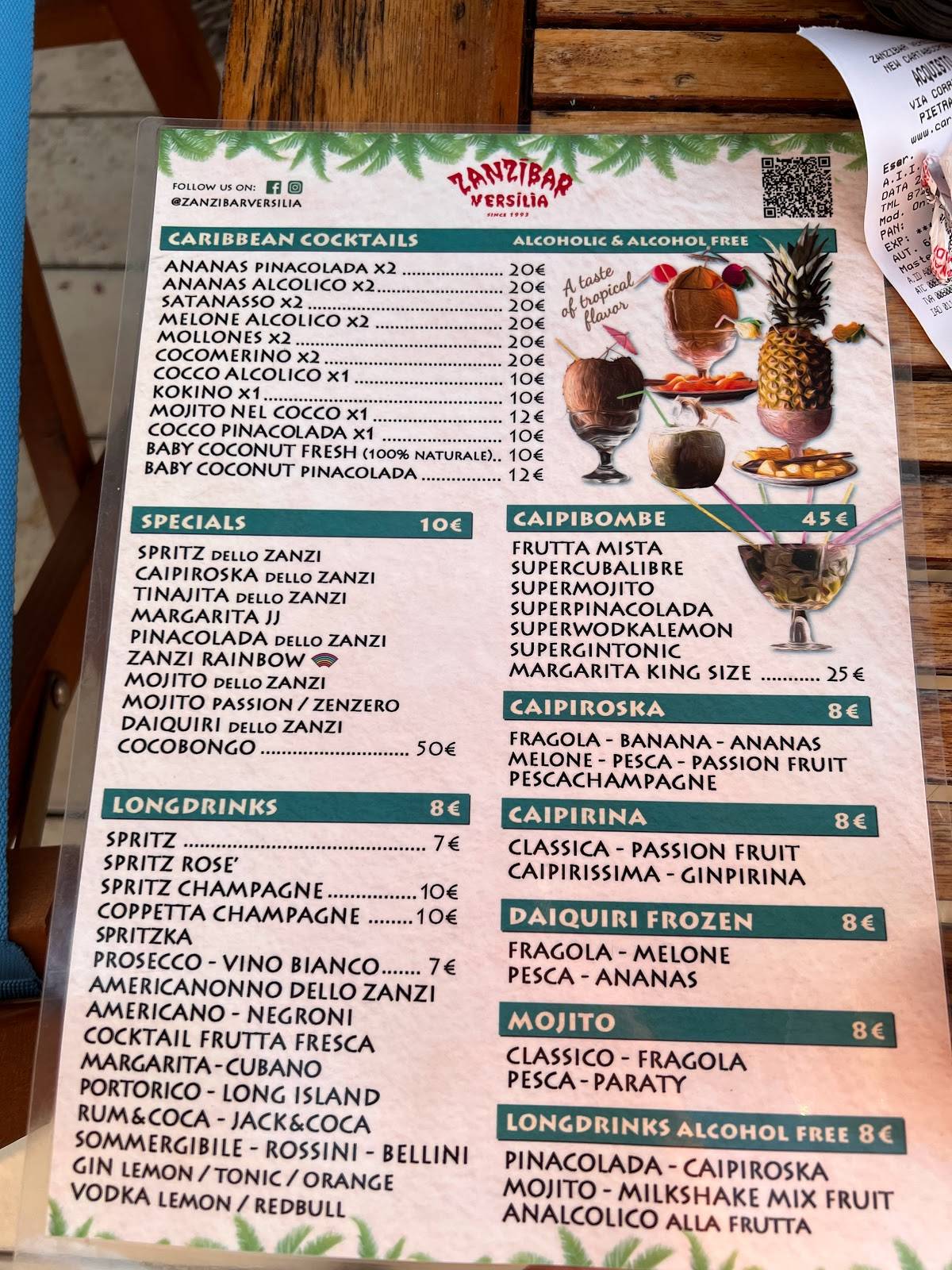 Speisekarte von Zanzibar Versilia cocktail bar, Pietrasanta