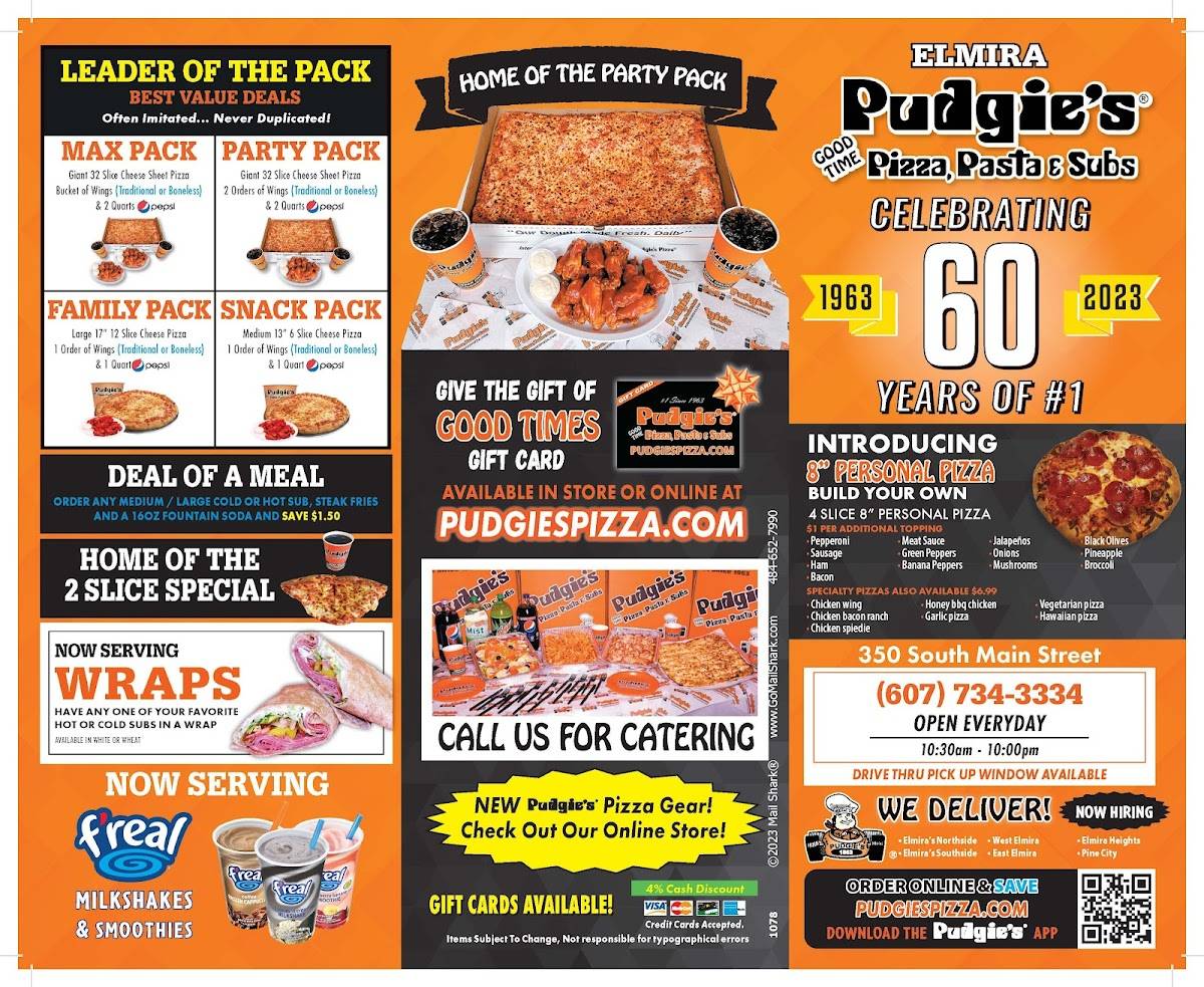 Menu at Pudgie's Pizza, Pasta & Subs pizzeria, Elmira, 350 S Main St