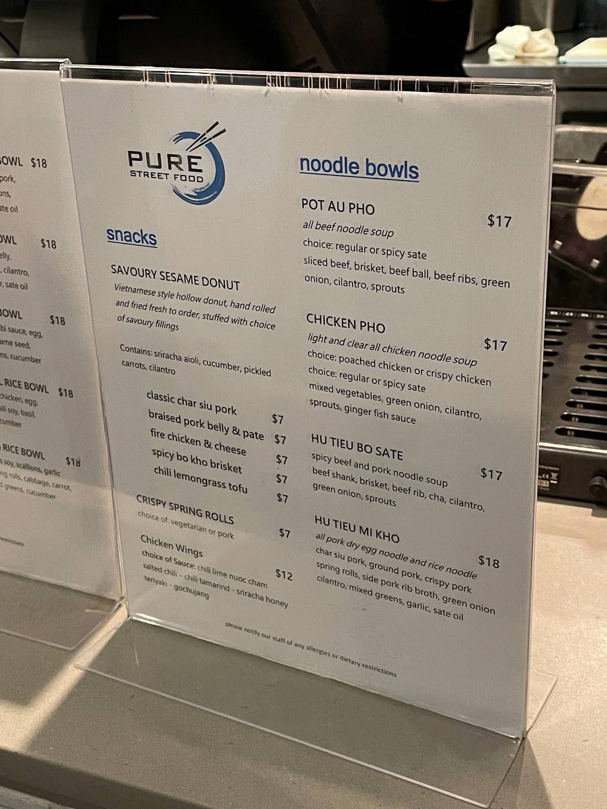 Menu at Pure Street Food restaurant, Calgary