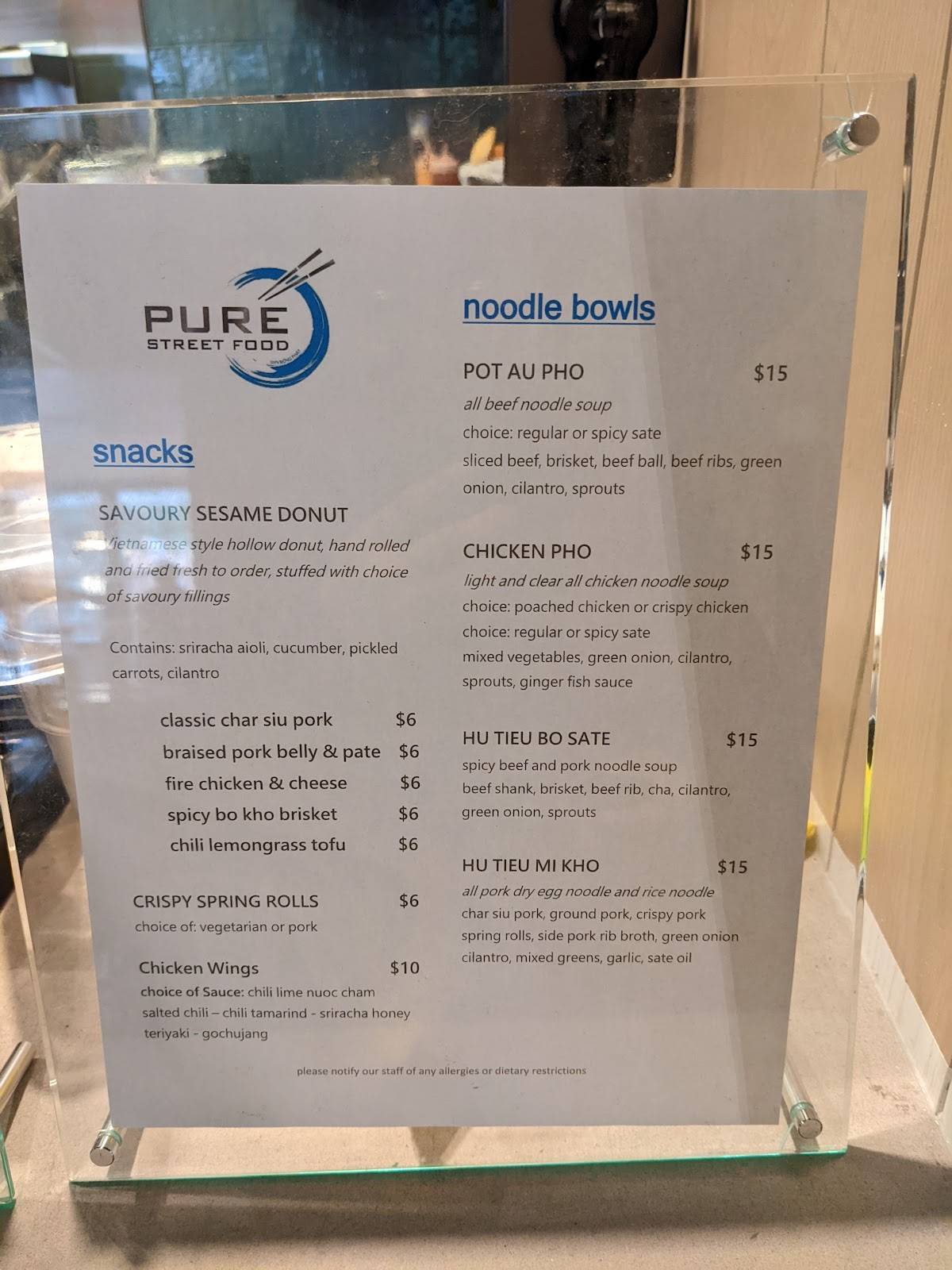 Menu at Pure Street Food restaurant, Calgary