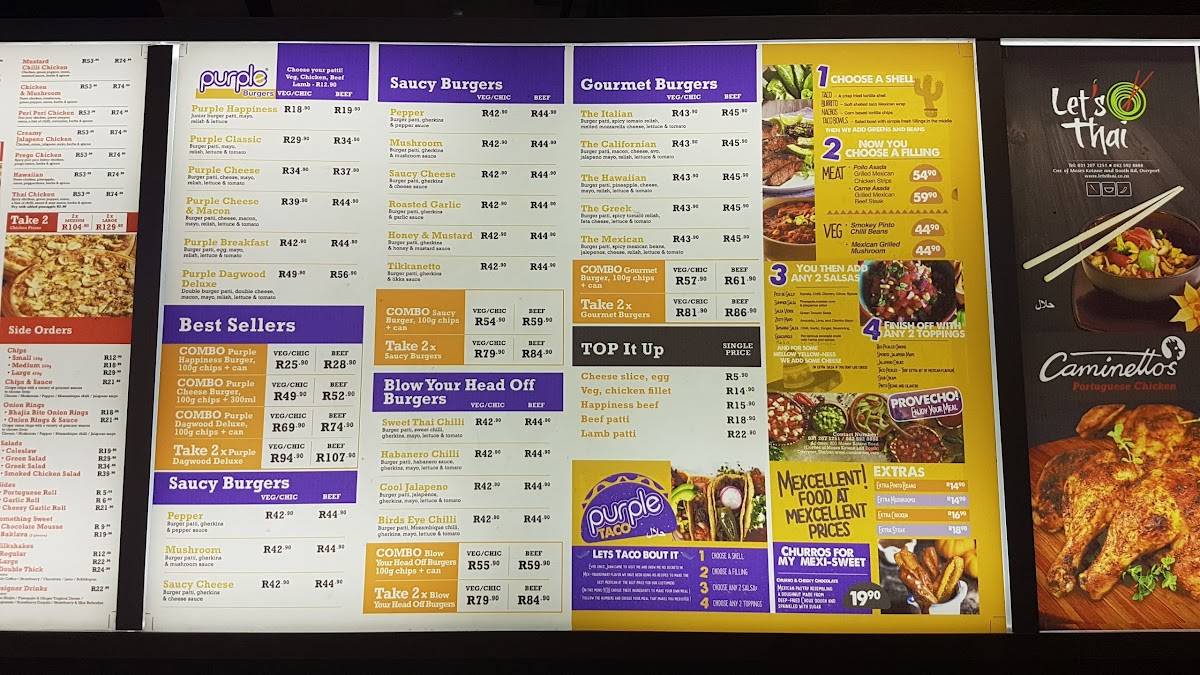 Speisekarte von Purple Burgers restaurant, Durban, 201 Sparks Rd