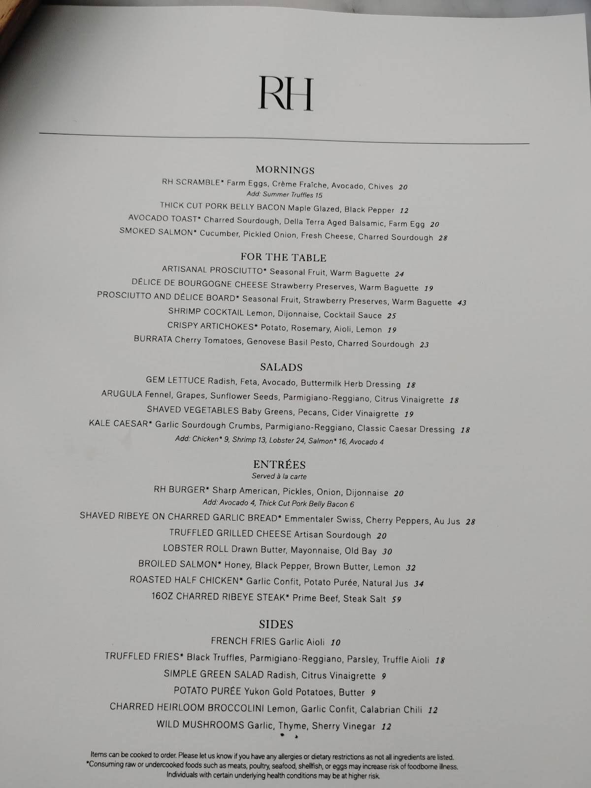 Menu at RH Rooftop Restaurant Charlotte, Charlotte