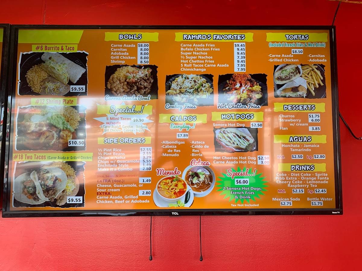 Menu at Ramiro's Mexican Food restaurant, Tucson