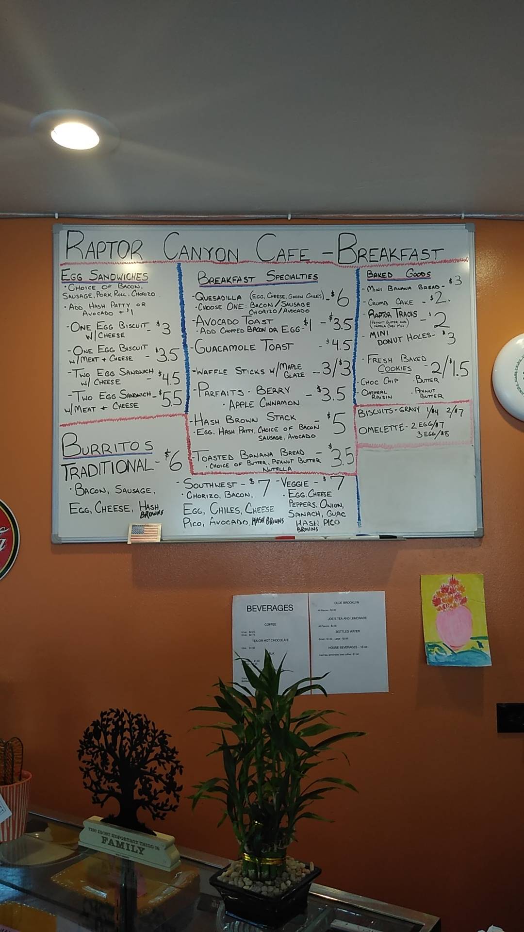 Menu at Raptor Canyon Cafe, Tucson