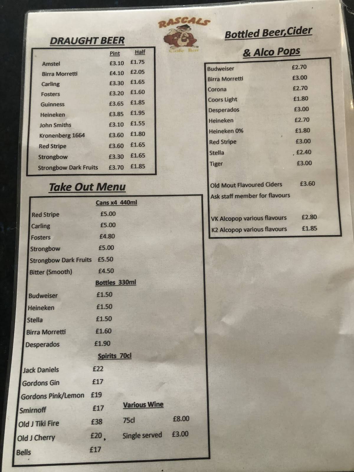 Menu at Rascals Cafe Bar, Bangor
