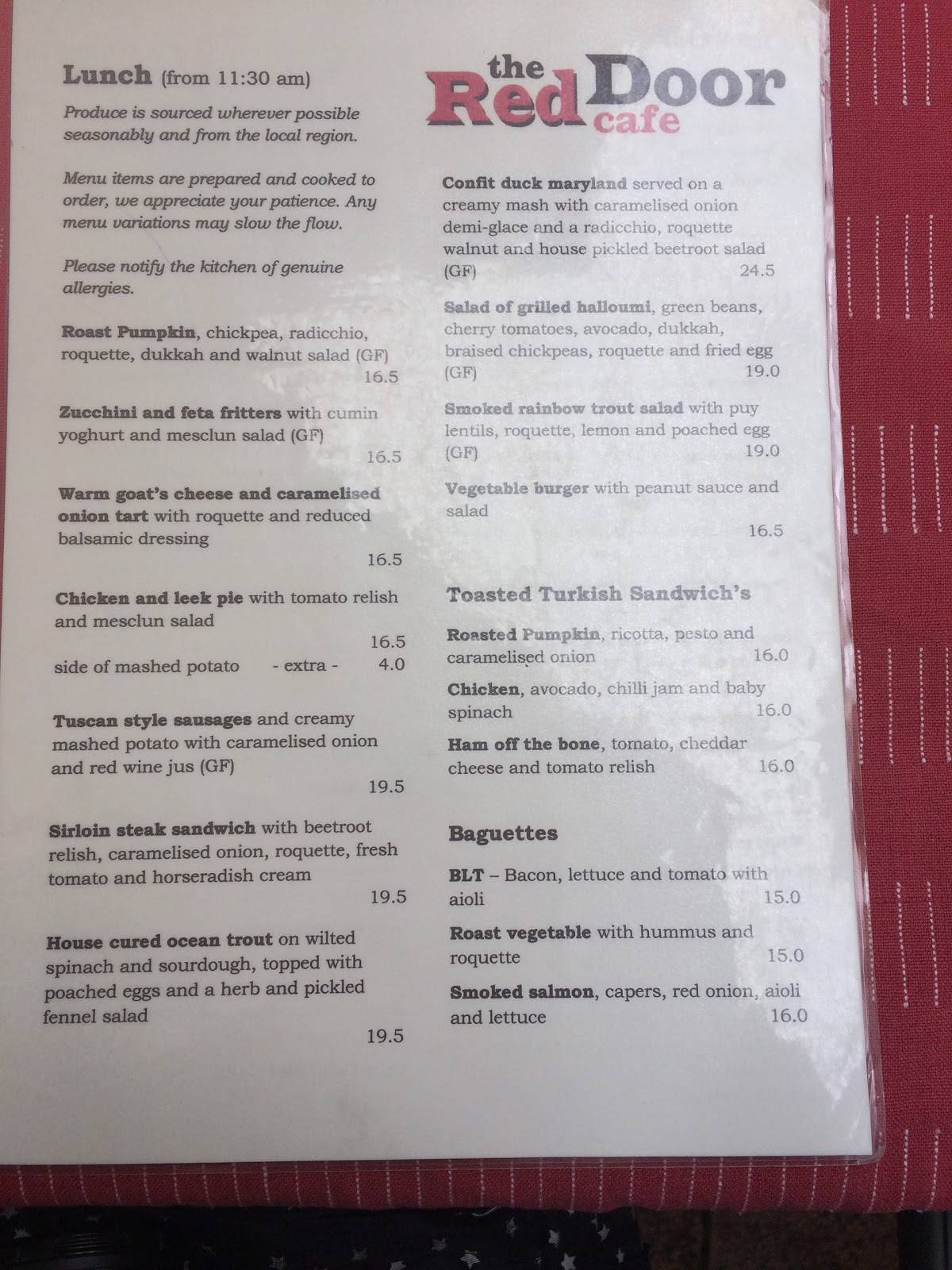 Menu at Red Door Cafe, Leura