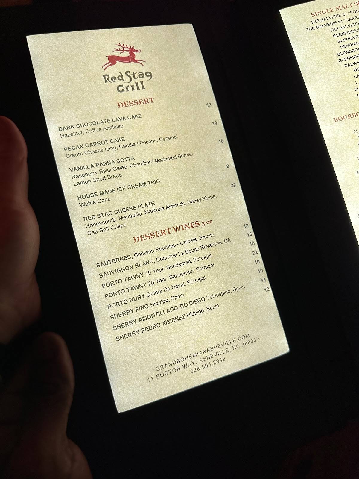 Menu at Red Stag Grill restaurant, Asheville