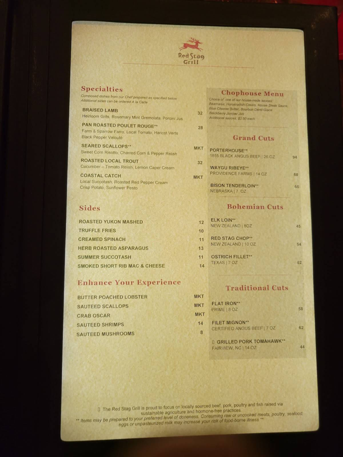 Menu at Red Stag Grill restaurant, Asheville