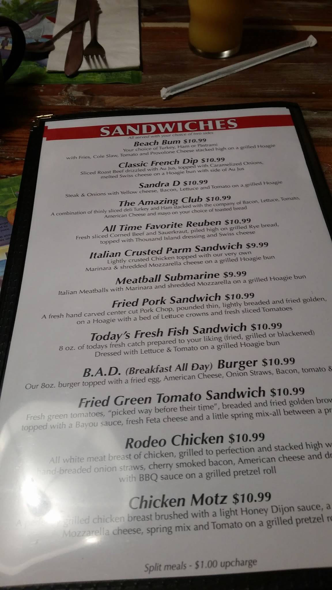 Menu at Red's Restaurant, Hernando
