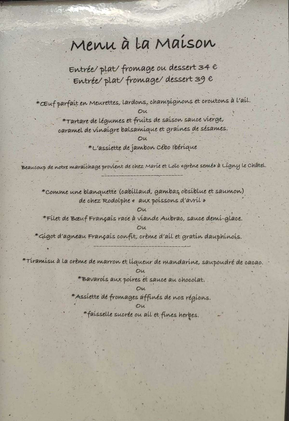 Menu at Restaurant À la maison, Auxerre