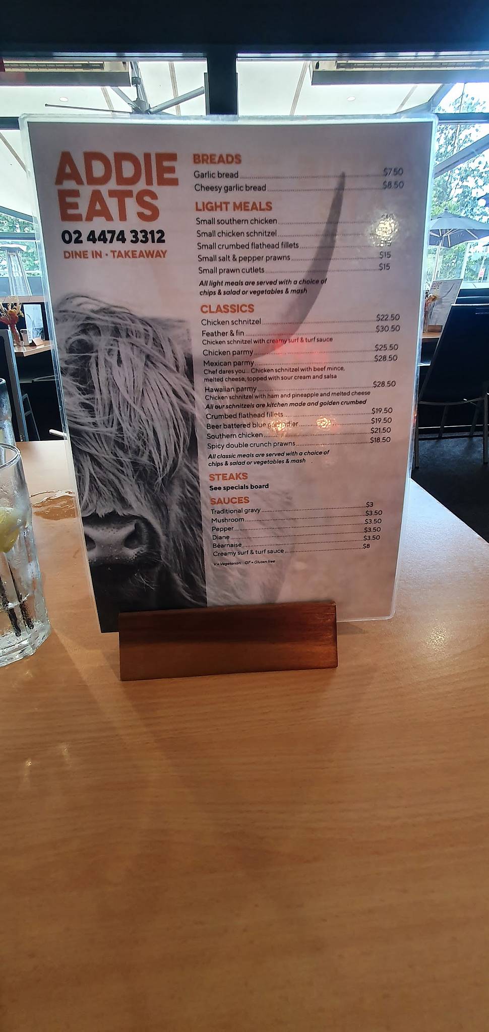 Menu at Adelaide Hotel Moruya restaurant, Moruya
