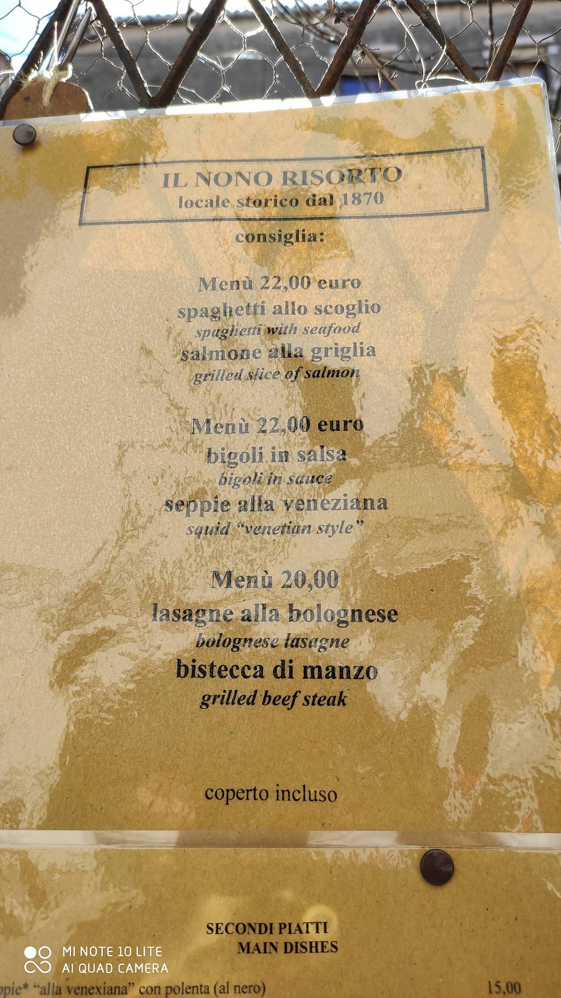 Menu at Al Nono Risorto restaurant, Venice