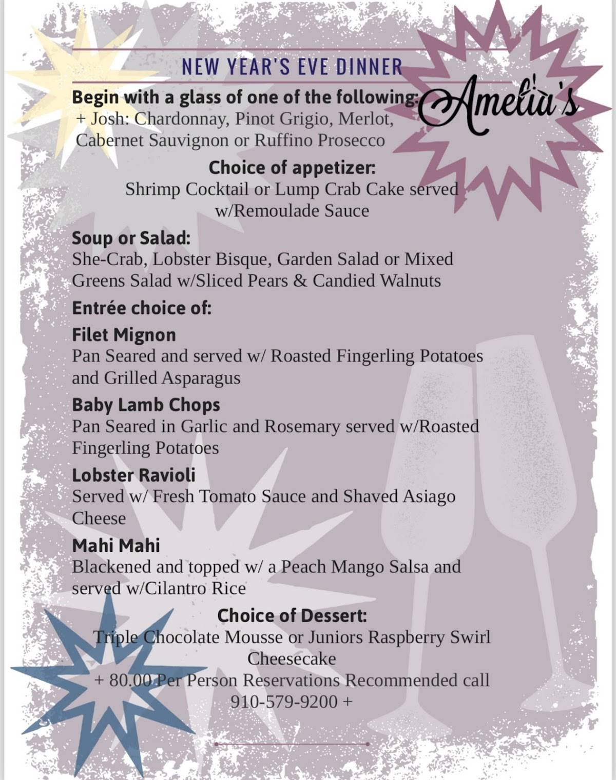 Menu at Amelia's Bar & Grille, Ocean Isle Beach