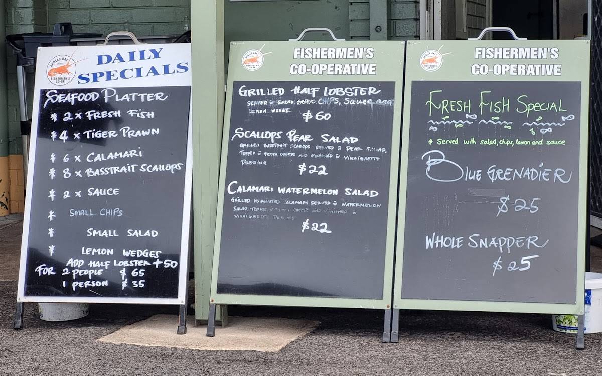 Menu at Apollo Bay Fishermen's Co-Op restaurant, Apollo Bay