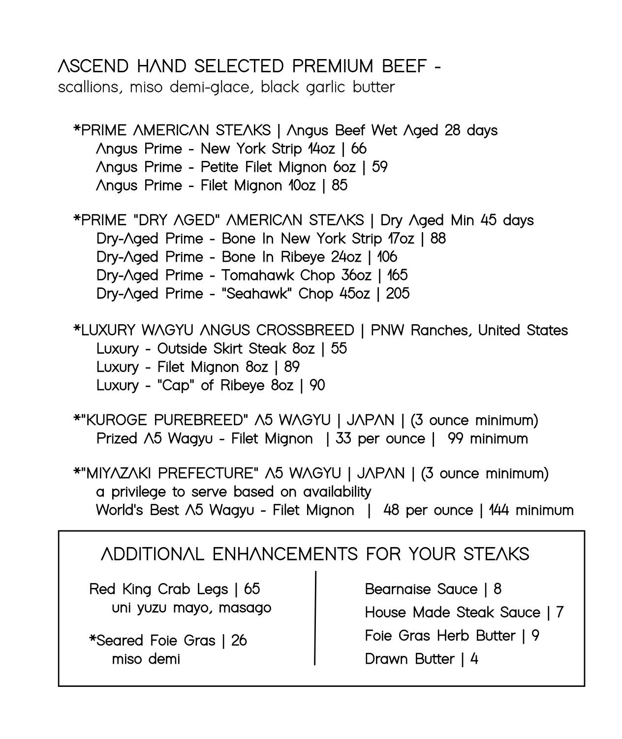 Menu at Ascend Prime Steak & Sushi restaurant, Bellevue