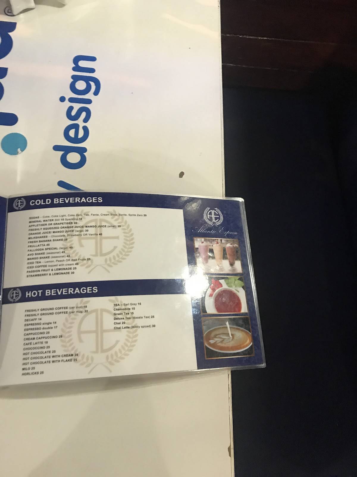 Menu at Atlantic Express Train Restaurant, Cape Town